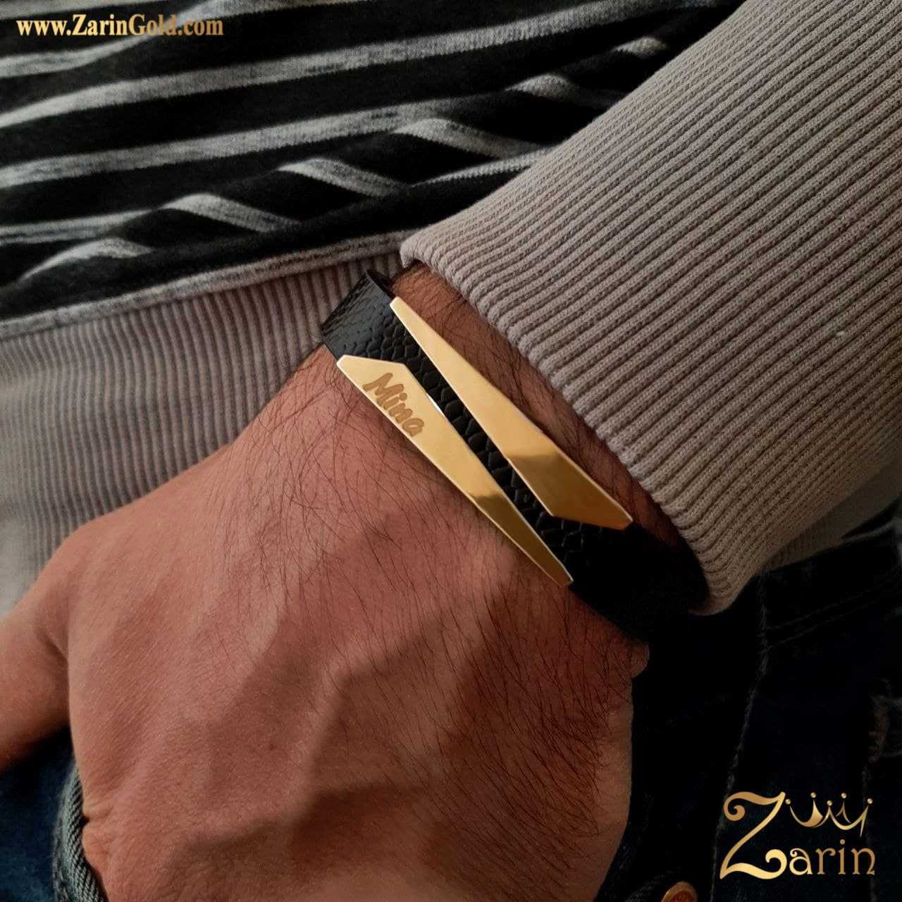 دستبند چرم طلا مردانه طرح کات طلای زرین گالری خرید طلا