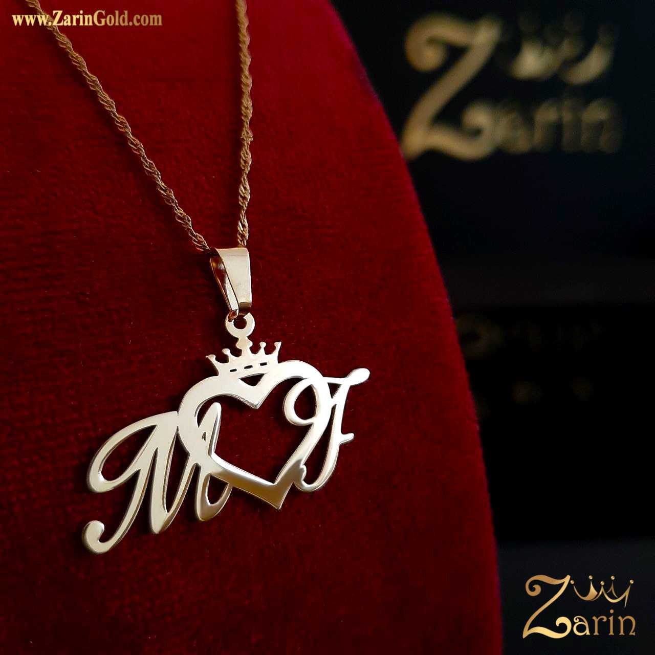 گردنبند طلا قلبی با حروف M و F طلای زرین گالری خرید طلا