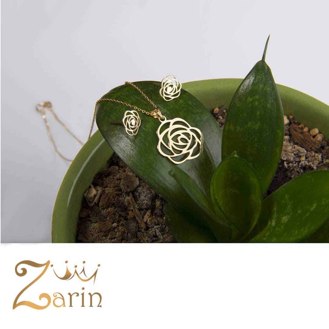 گردنبند طلا و گوشواره طلا طرح گل رز طلای زرین گالری خرید طلا